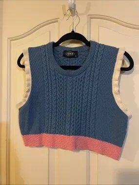 Cider | Sweaters | Cider Blue Cable Knit Cropped Vest With Pink Hem And ...